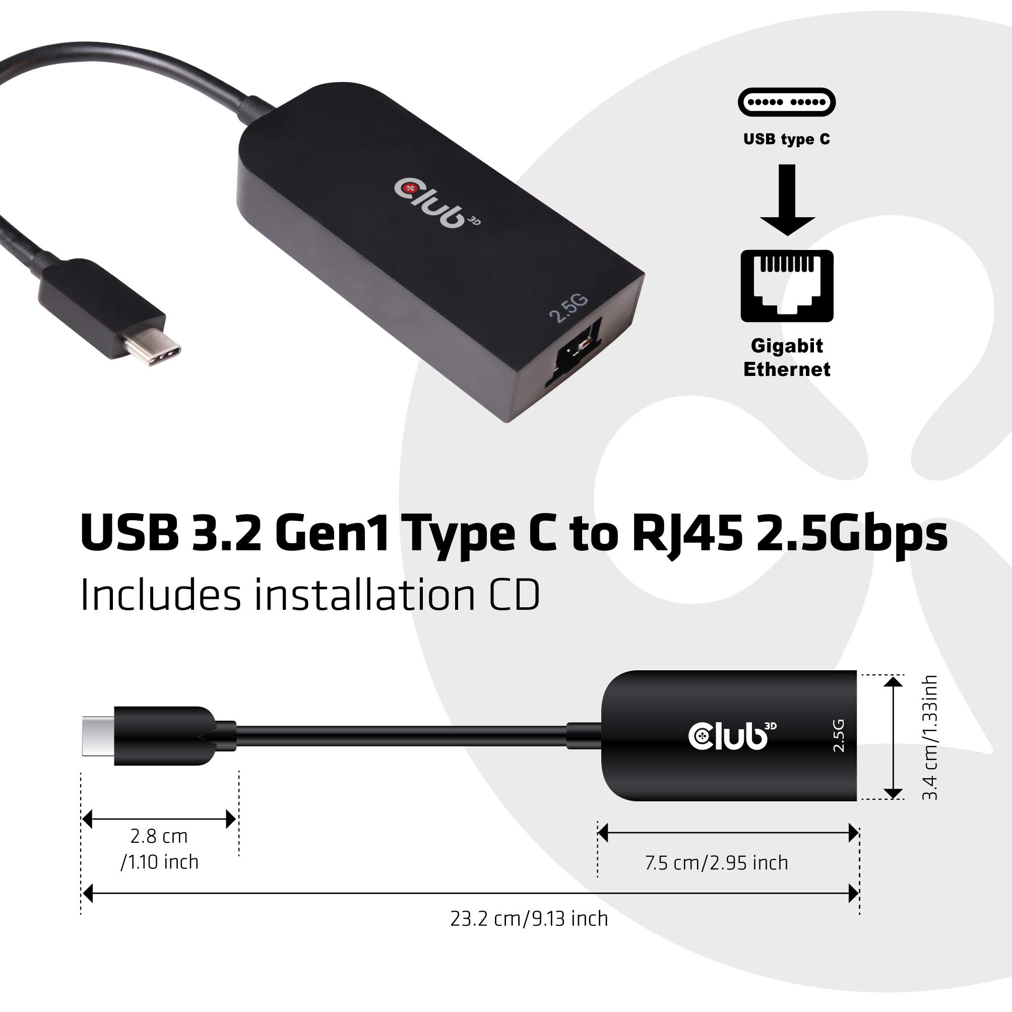 Club 3D USB 3.2 Adapter Type C to 2.5 Gigabit Ethernet ST./BU. Black CAC-1520