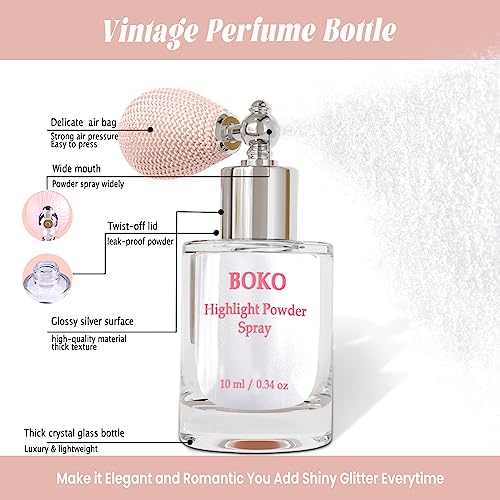 BOKO Highlighter Powder Spray, Cosmetic Grade Body Shimmer Spray High Gloss Diamond Highlight Glitter Magic Powder Makeup Sparkle Glitter Hairspray Rave Accessories for Women Face Paint Hair Clothes
