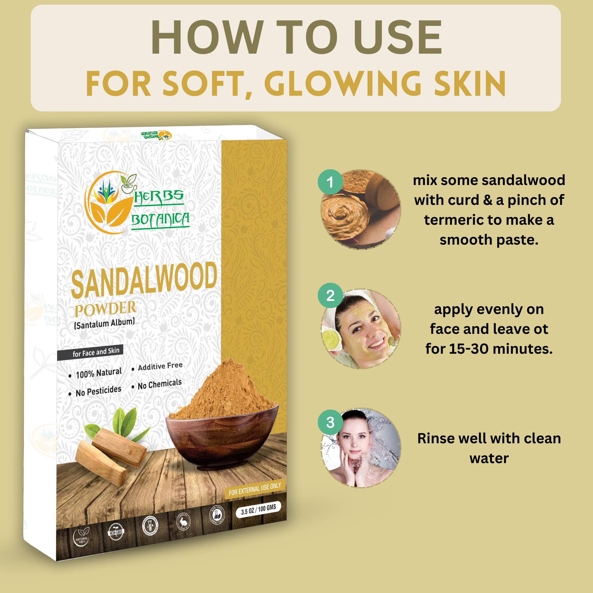 Herbs Botanica Chandan Organic Sandalwood Powder, 100 gm / 3.52 oz, Face Pack & Mask, Tilak, Auspicious Occasions, Natural Cleansing & Soothing Powder for Wrinkles