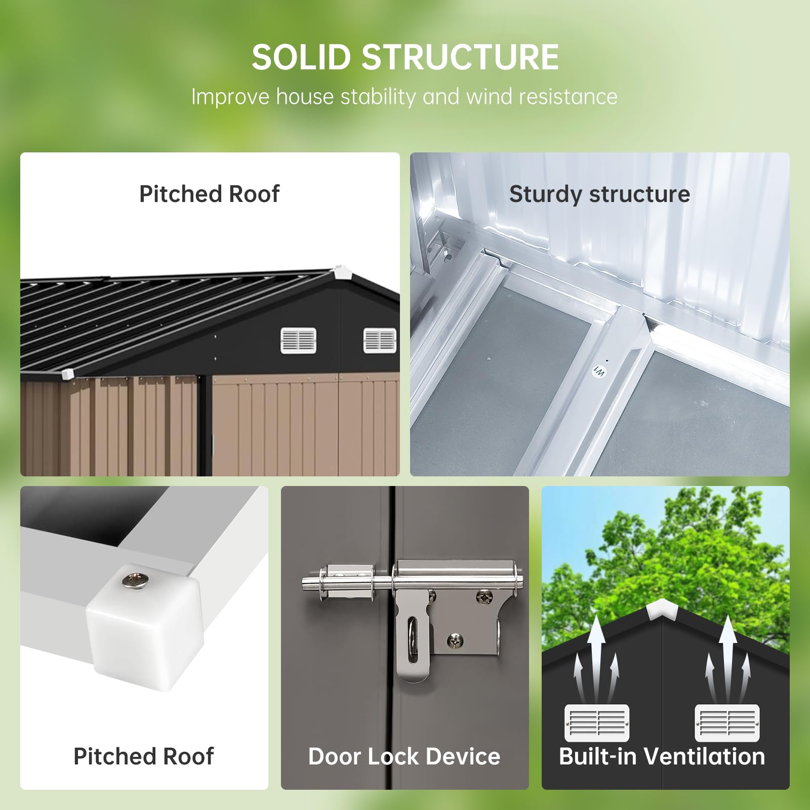 8.6'x10.4' Outdoor Storage Shed, Large Garden Shed, with Slooping Roof and 4 Vents. Updated Reinforced and Lockable Doors Frame Metal Storage Shed for Patiofor Backyard, Patio, Garage, Lawn,Brown