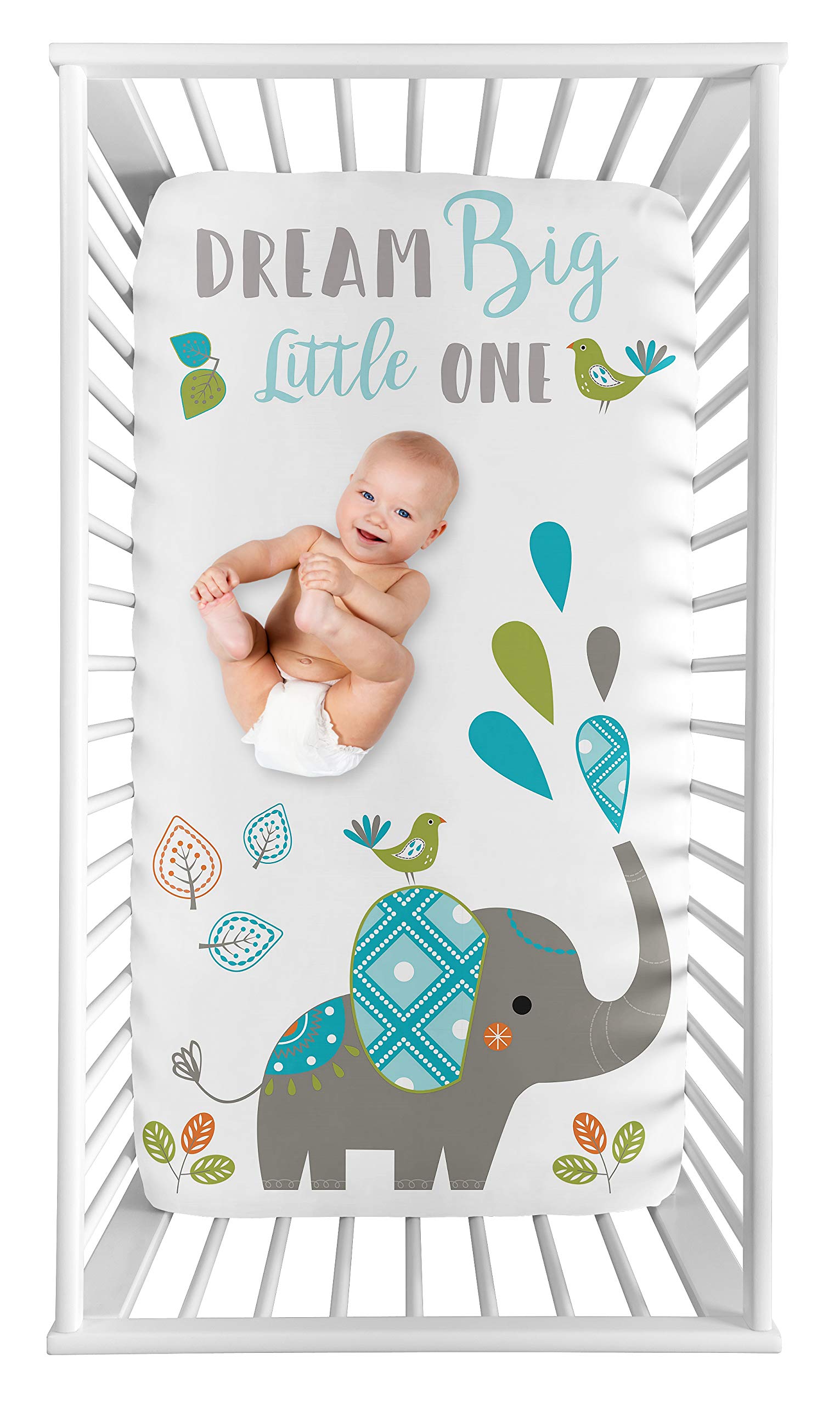 Sweet Jojo Designs Mod Elephant Boy or Girl Fitted Crib Sheet Baby or Toddler Bed Nursery Photo Op - Gender Neutral Turquoise Blue, Green, and Grey Dream Big Little One