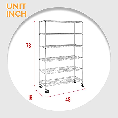BestOffice 18x48x72 Wire Shelving with Commercial Wheels 6-Shelf Adjustable Heavy Duty Storage Shelves Metal Shelves Storage Unit Shelf,6000 LBS (Chrome)