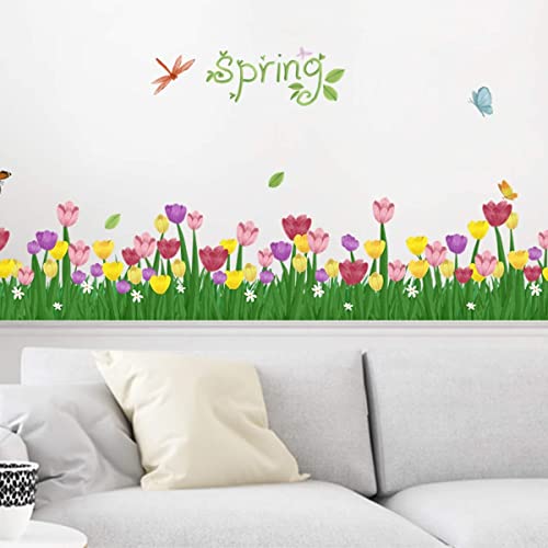 Spring Tulip Wall Decals Flower Grass Wall Stickers Removable DIY Peel and Stick Art Murals for Classroom Bedroom Girls Room Living Room Hallway Kitchen Bathroom Home Decor (Tulip)