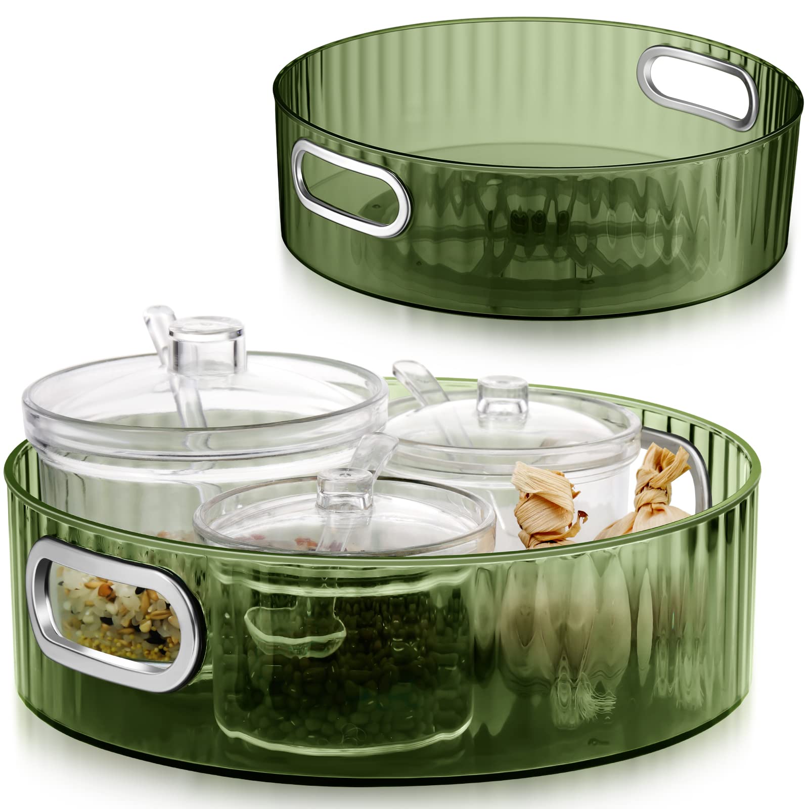 2 Pcs Lazy Susan Turntable Plastic Spinner Organizer, 11 Inch 8.7 Inch Spice Rack with Handles Round Plastic Clear Rotating Condiment for Cabinet Kitchen Refrigerator Jewelry Storage Bathroom (Green)