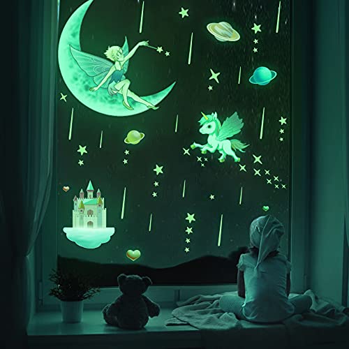 MESU Glow in The Dark Stickers Unicorn Wall Decals Moon Fairy Luminous Ceiling Decor for Girls Kids Room Nursery Unicorn