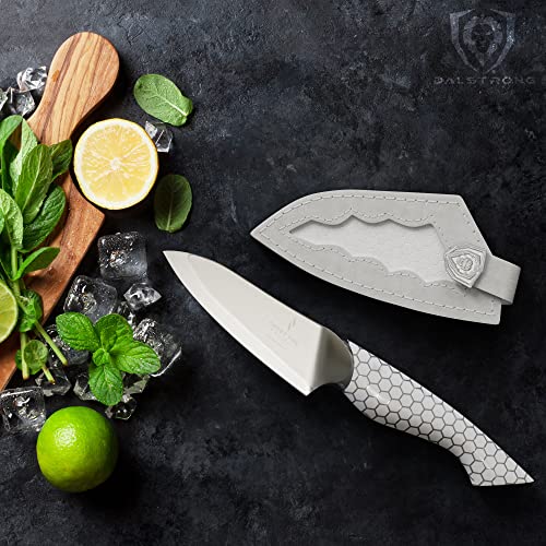 Dalstrong Paring Knife - 3.5" - Frost Fire Series - High Chromium 10CR15MOV Stainless Steel - Frosted Sandblast Finish - White Honeycomb Handle - Leather Sheath - NSF Certified