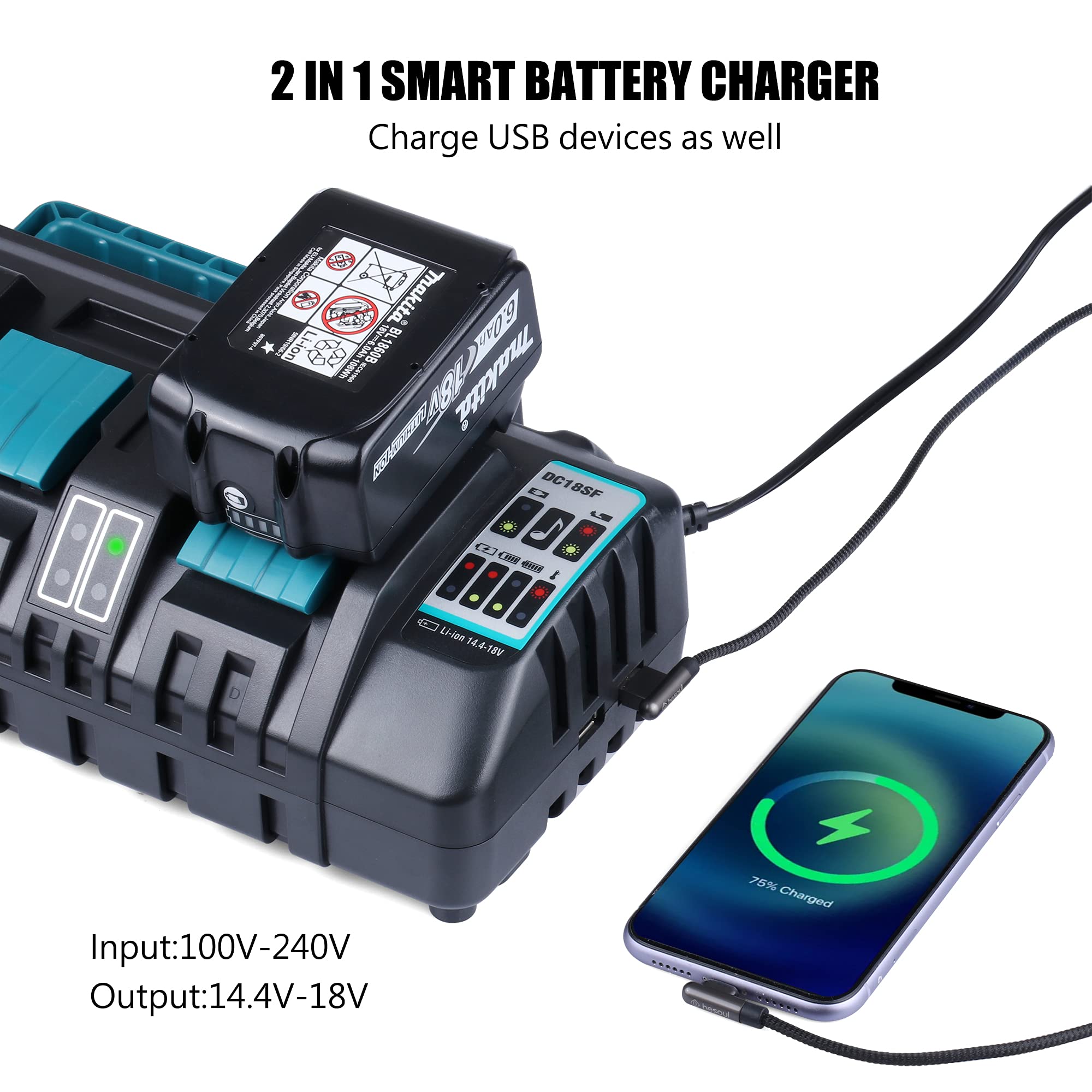 18V DC18SF 4-Port Fast Charger with Dual USB Port Compatible with 14.4V 18V LXT Li-ion Battery BL1840 BL1850 BL1860 BL1890, Replacement for 18 Volt Battery Charger DC18RC DC18RD