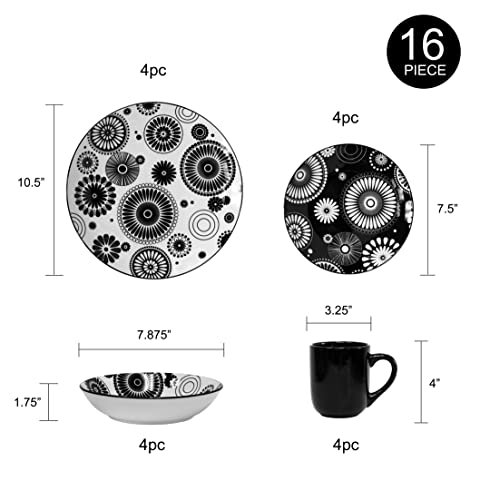 16 Pieces Dinnerware Set, Stoneware, plates and bowls sets, Service for 4, Porcelain, Decorated Mod Dot Black, Microwave Dishwasher Safe, Chip Resistant, for everyday casual kitchen and formal dinner
