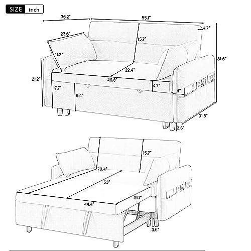 55.1" Pull Out Sofa Bed, 2 Seater Loveseats Sofa Couch with Adjustable Backrest, Storage Pockets, 2 Soft Pillows, Convertible Sleeper Sofa Bed for Living Room Bedroom Apartment Office (Blue 091)