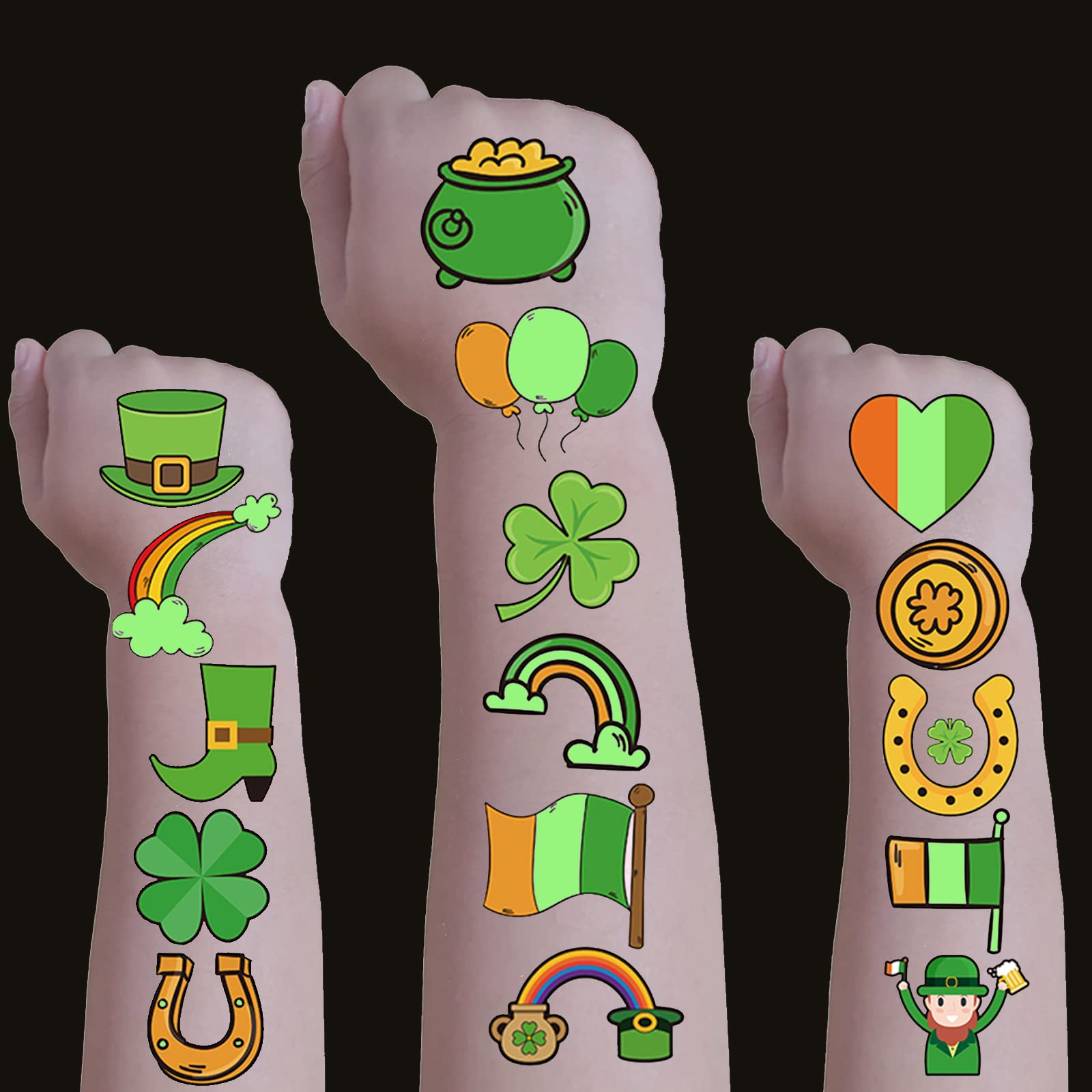 Mocossmy St Patrick's Day Temporary Tattoos Stickers,24 Sheets Glow in the Dark Shamrock Irish Flag Pots of Gold Luminous Tattoos for St Patrick's Day Parade Spring Party Favor Supplies Decoration