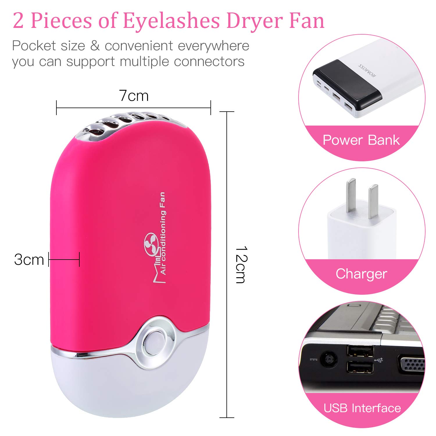 2 Pieces Mini Portable Fan USB Air Conditioning Blower Mini Air Conditioning Fan Mini Dry Fan Tool Eyelashes Dryer Fan for Eyelash Extension (Purple and Rose Red)