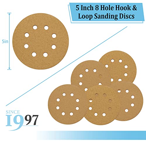 362X - 5 Inch 8 Hole Gold Sanding Discs, 10 Each of 80 120 220 320 400 Grit Sandpaper Discs, 50PCS Hook and Loop Orbital Sander Pads for Woodworking - D DMS DIMEISI