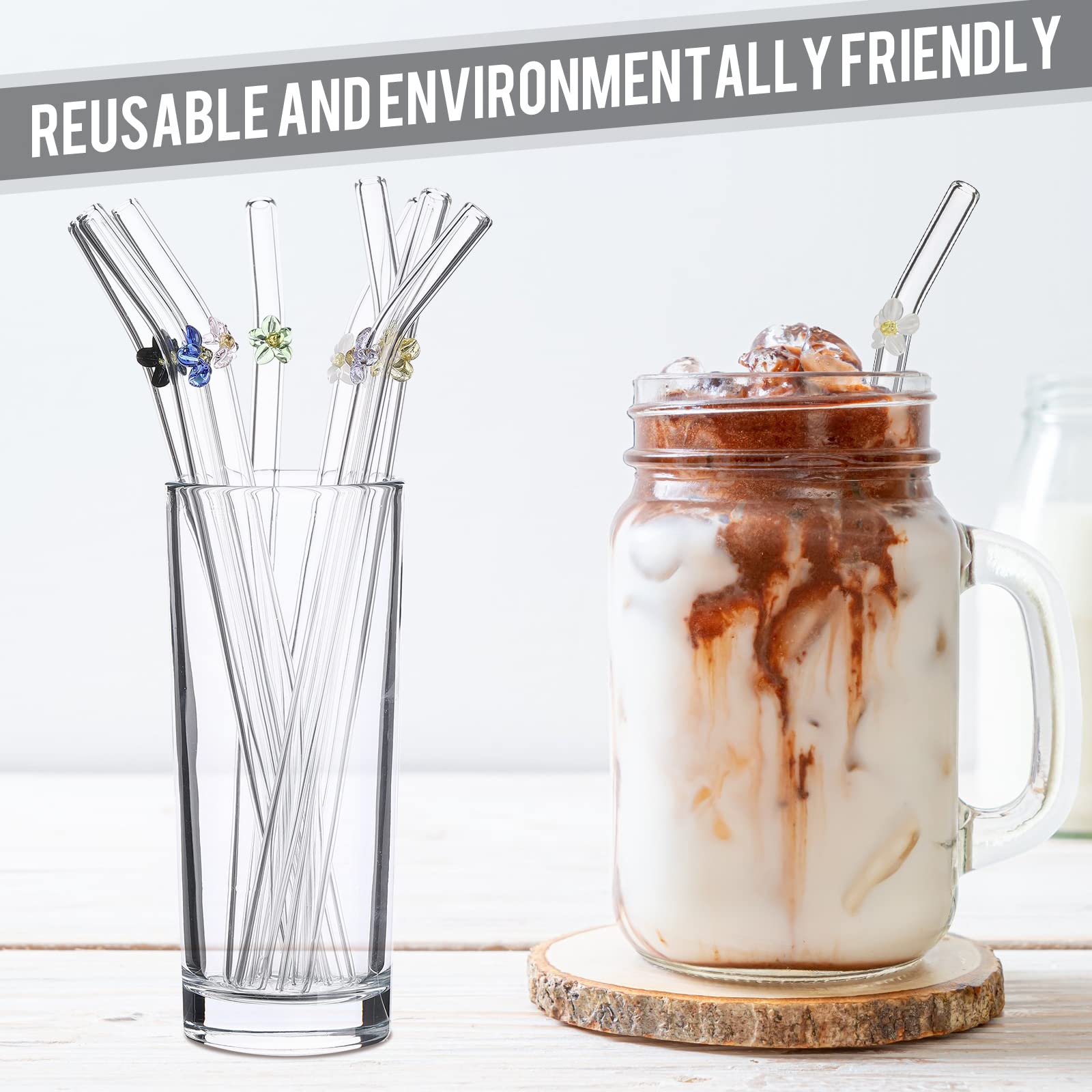 16 Pieces Reusable Glass Straw with Flower Cute Colorful Glass Straws with Design 7.87 x 0.31" Shatter Resistant Bend Straws and Cleaning Brush for Cocktail Hot or Cold Drinks