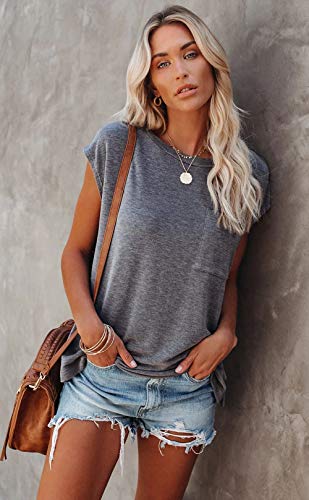 ANCAPELION Women’s Casual Summer Shirt Short Sleeve Cozy Grey Tunic T-Shirt Blouse Top Loose Fit Small
