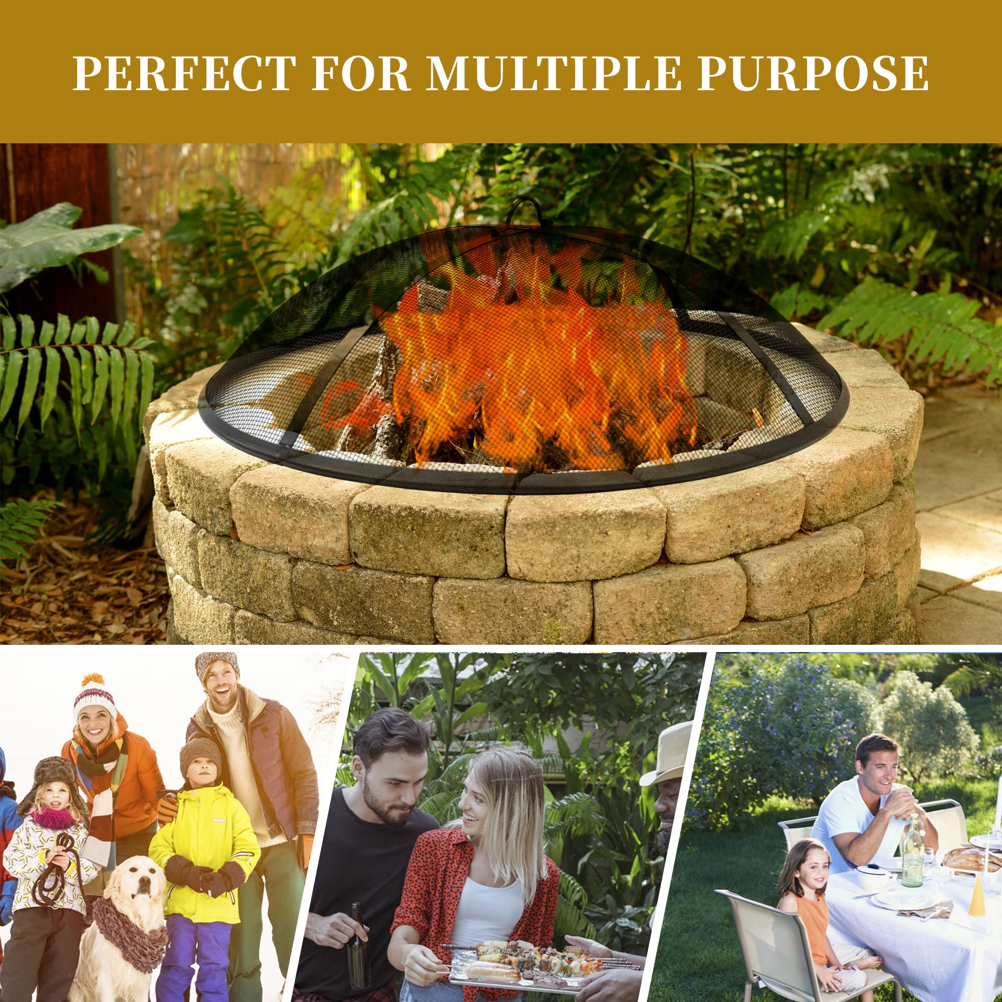 36Inch Round Fire Pit Spark Screen Cover,Outdoor Patio Mesh FirePit Screens,Heavy Duty Steel Domed Fire Pit Ember Guard with Handle
