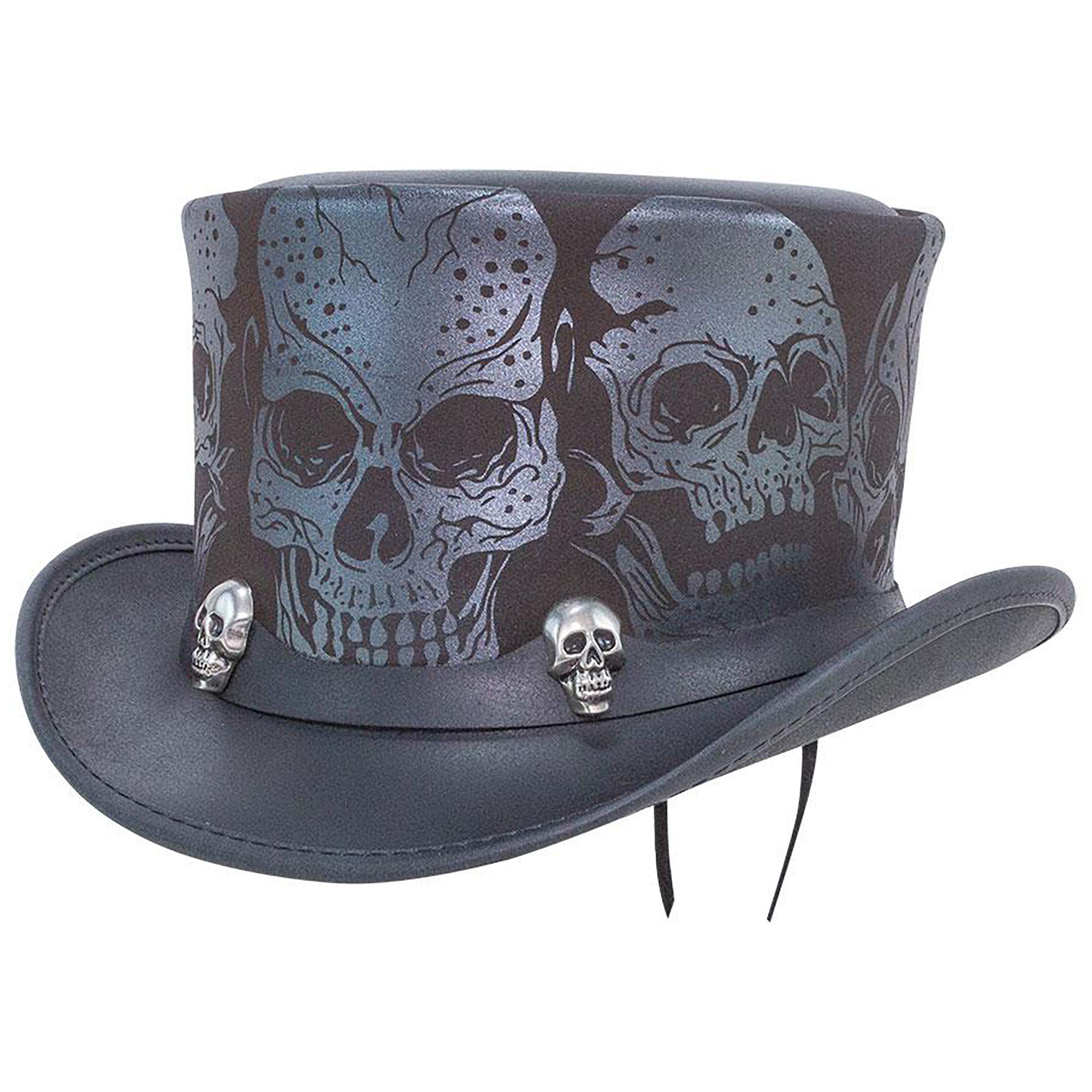 American Hat Makers Silver Skull Top Hat - Laser Engraved - Top Grain Black Leather Hat, Large