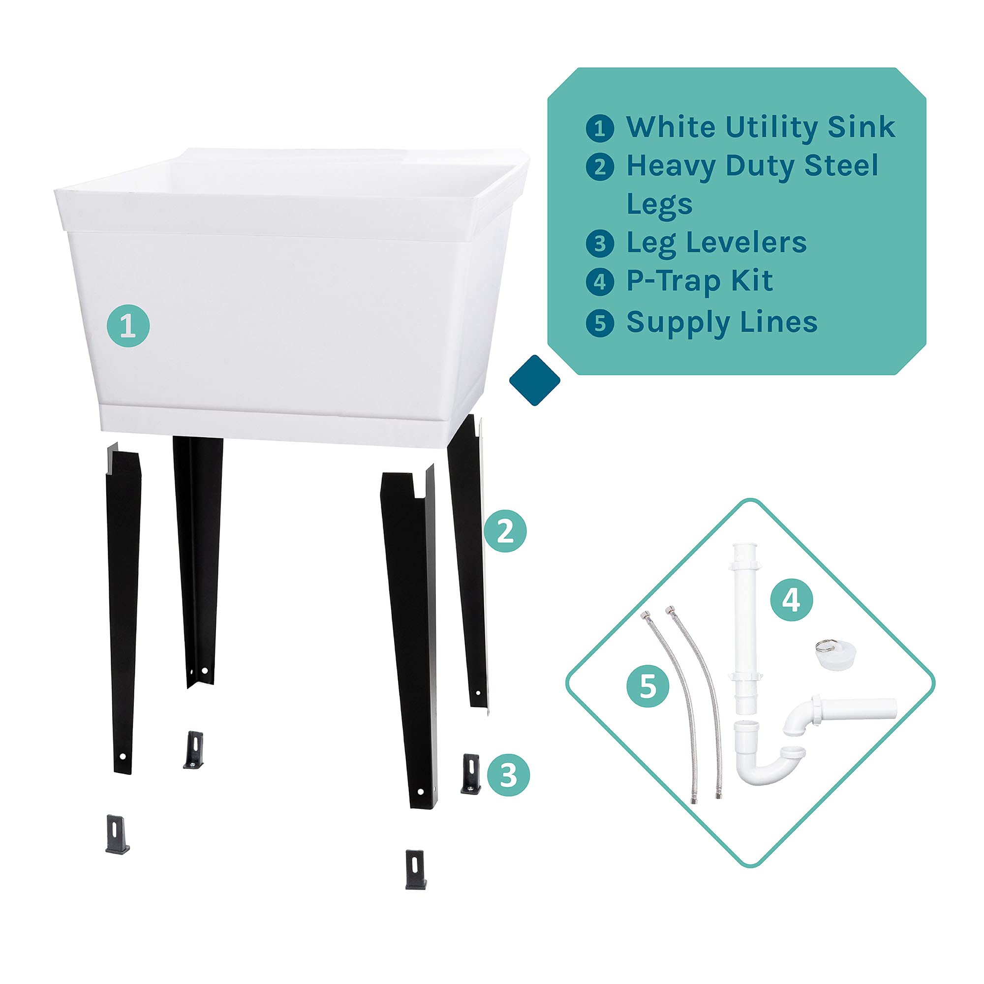 19 Gallon Utility Sink Laundry Tub by JS Jackson Supplies with Adjustable Metal Legs, Ideal for Laundry room, Basement, or Garage Workshop. Heavy Duty Shop Sink. No Faucet Included (White)