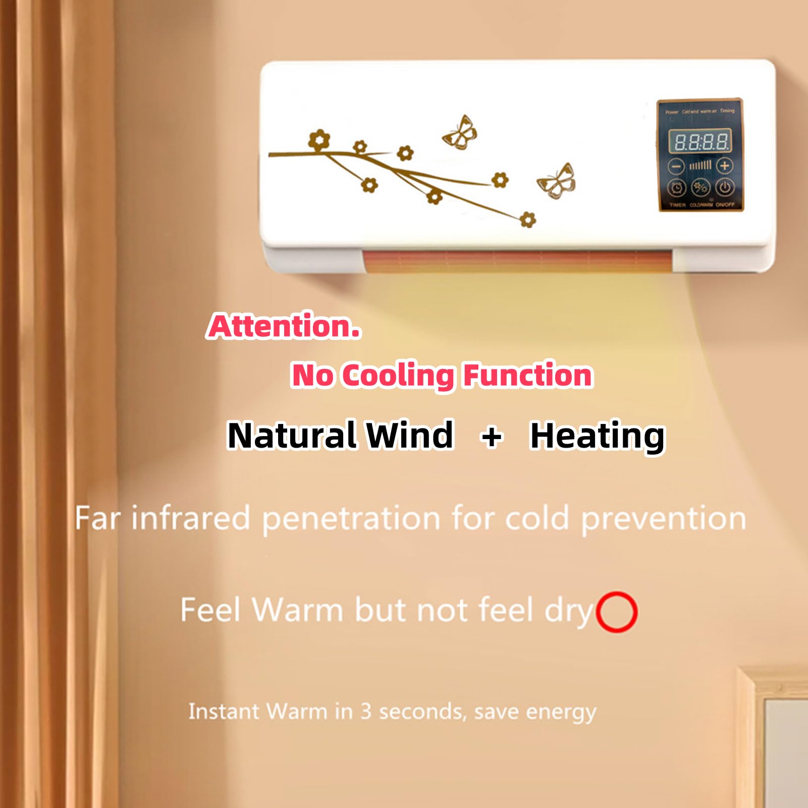 2000W Mini Air Conditioner, Natural Wind And Heating Function Air Heating Fan Mount Electric Heater for Bath Room Living Room (No Cooling Function)