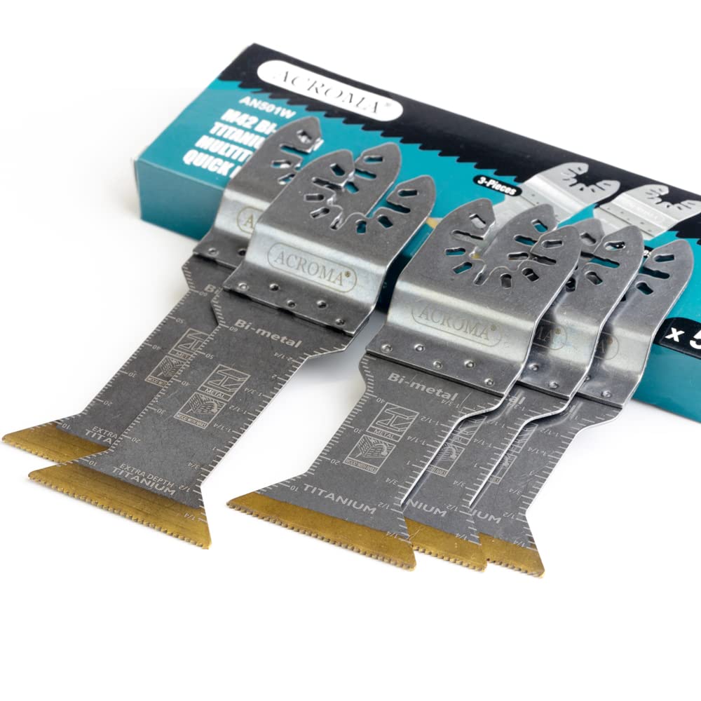 Acroma 5-Piece Universal Oscillating Multitool Blade Set, Titanium-Enhanced M42 HSS Bi-Metal, Including 2" and 2-2/3" Extra-Long Blades, Ideal for Plunge/Flush Cut on Multi-Materials. BM50005