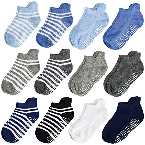Aminson Grip Ankle Socks - Kids Boys Girls Anti Non Skid Slip Slipper Crew Socks-6 Pairs (7-10 Years, Boys 12 Pairs)
