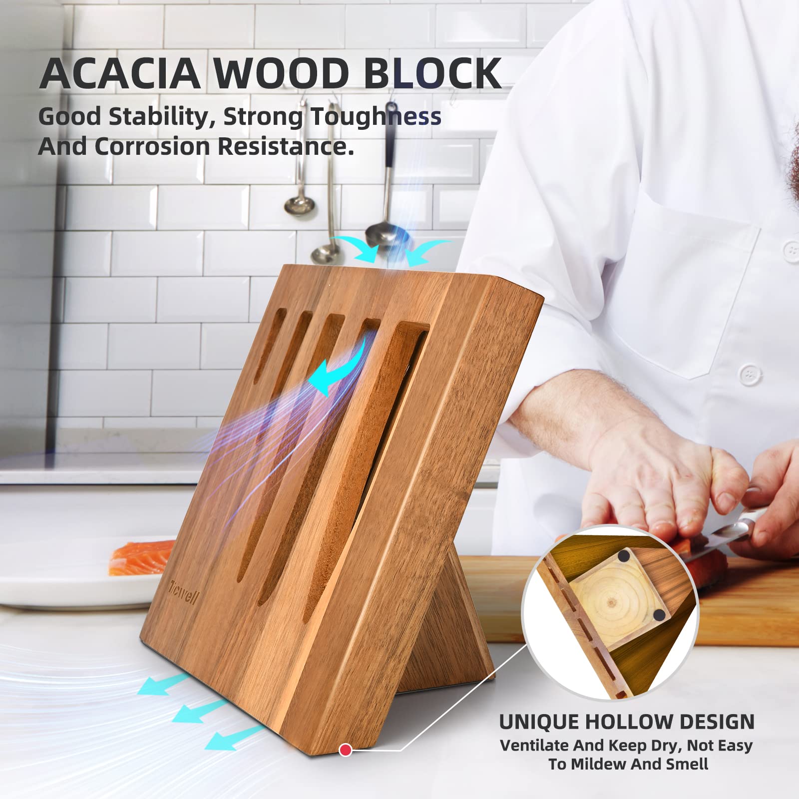 TICWELL Knife Set 7pcs Knife Set with Block Sharpener Kitchen Professional High Carbon German Stainless Steel, Hollow Wooden Block, Triple Rivet Safe Full Tang Knife Handle Dishwasher Safe
