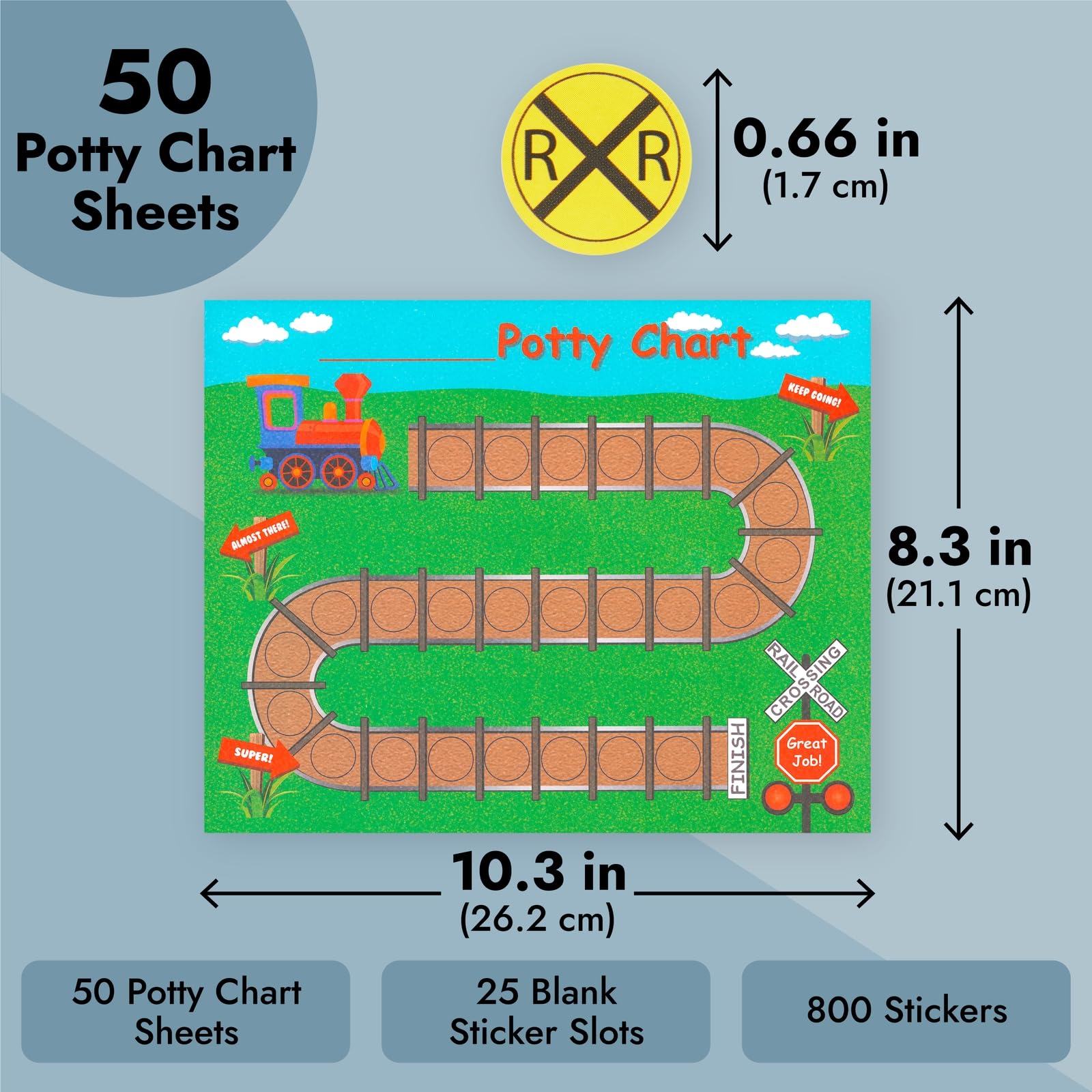 BLUE PANDA 50 Sheets Railroad Potty Training Chart for Toddlers Boys & Girls with 800 Train Stickers (10.3x8.3 in) - Potty Sticker Chart