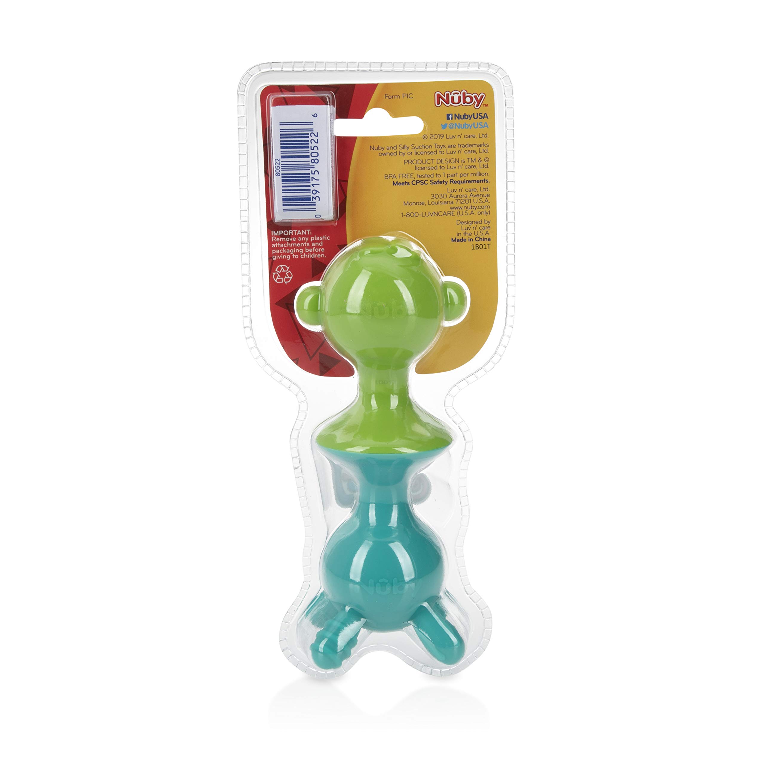 Nuby Silly Monkey Interactive Suction Toys with Built-in Rattle, 2 Piece, Green/Aqua