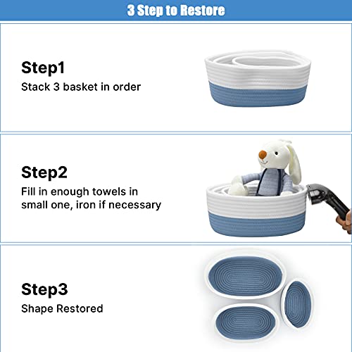 Hombins 3 Set Cotton Rope Storage Baskets with Handles | Round Baskets Set for Organization, Toy Basket, Small Soft Baby Nursery Baskets, Cat Dog Toy Basket, Gift, White&Blue