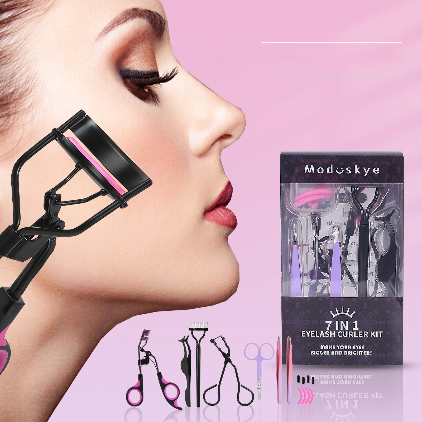 Eyelash Curler Eye Brow Kit, MODUSKYE 7 in 1 Eyelashes Curler with Replacement Refill Pads for Women, Partial Lash Curler Eyes Makeup Tools Long-Lasting Natural Lashes