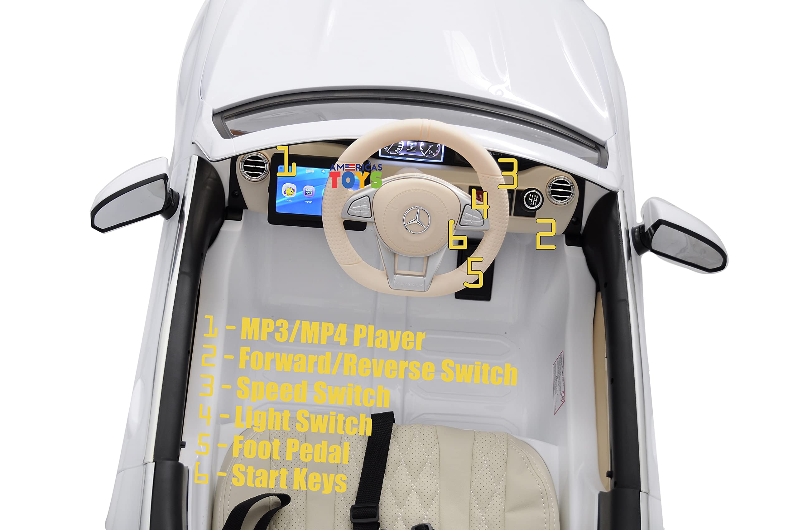 Americas Toys Car for Kids to Drive with Leather Seat, Mp4 Player, Bluetooth, Remote Control – Ride in Vehicle One Seater with Open Doors, 5 Point Safety Belt, Compatible with Mercedes Maybach White