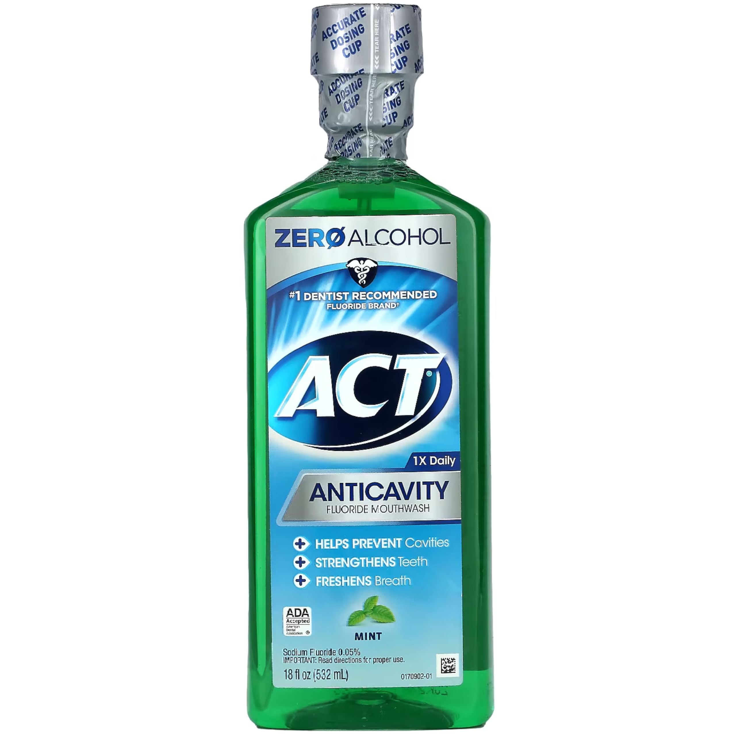 ACT Anticavity Zero Alcohol Fluoride Mouthwash 18 fl. oz. (Pack of 4) With Accurate Dosing Cup, Mint
