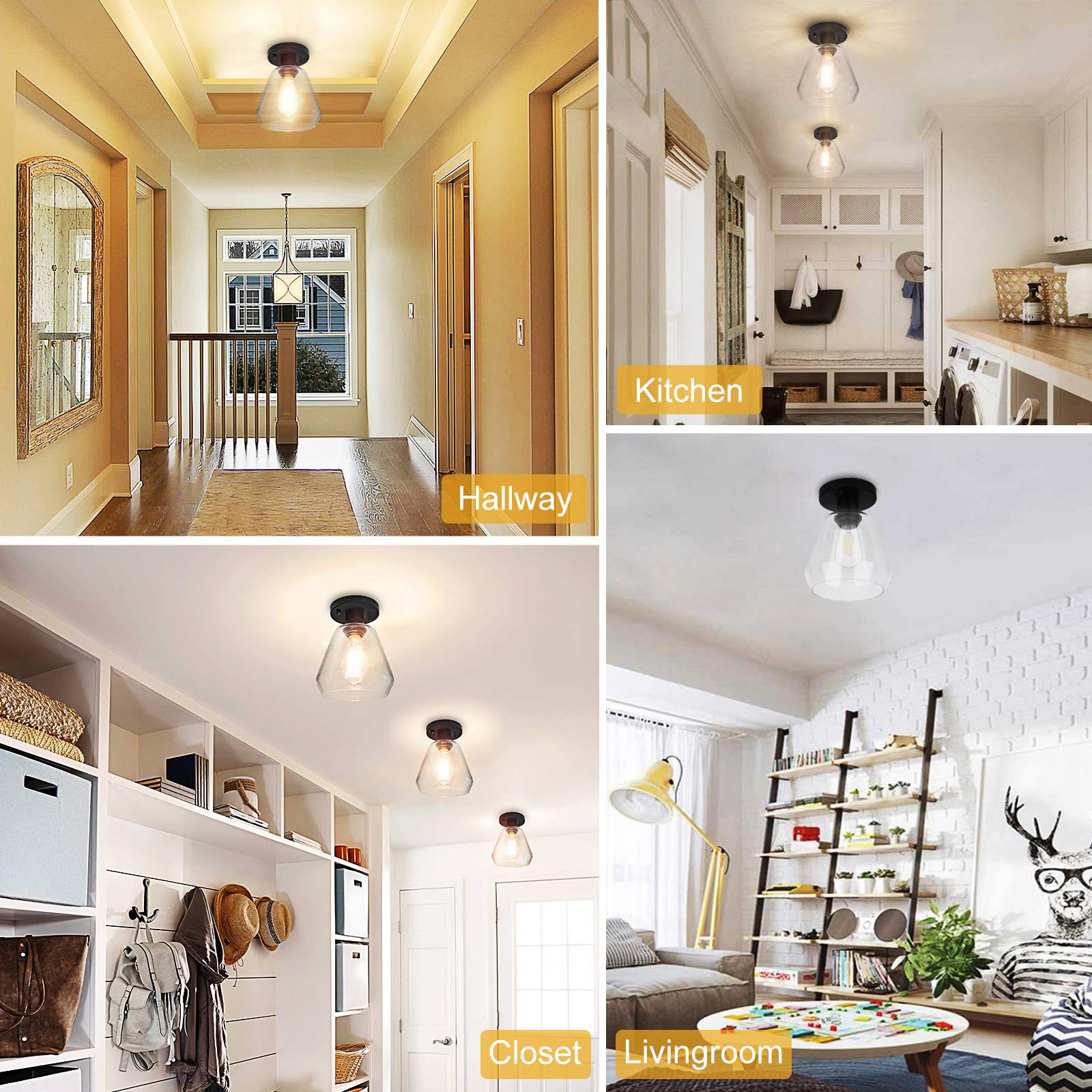 2-Pack Modern Industrial Semi Flush Mount Ceiling Light with Clear Glass Shade, Black Farmhouse Ceiling Light Fixtures for Hallway Bedroom Porch Kitchen Corridor, E26 Socket, Bulbs Not Included