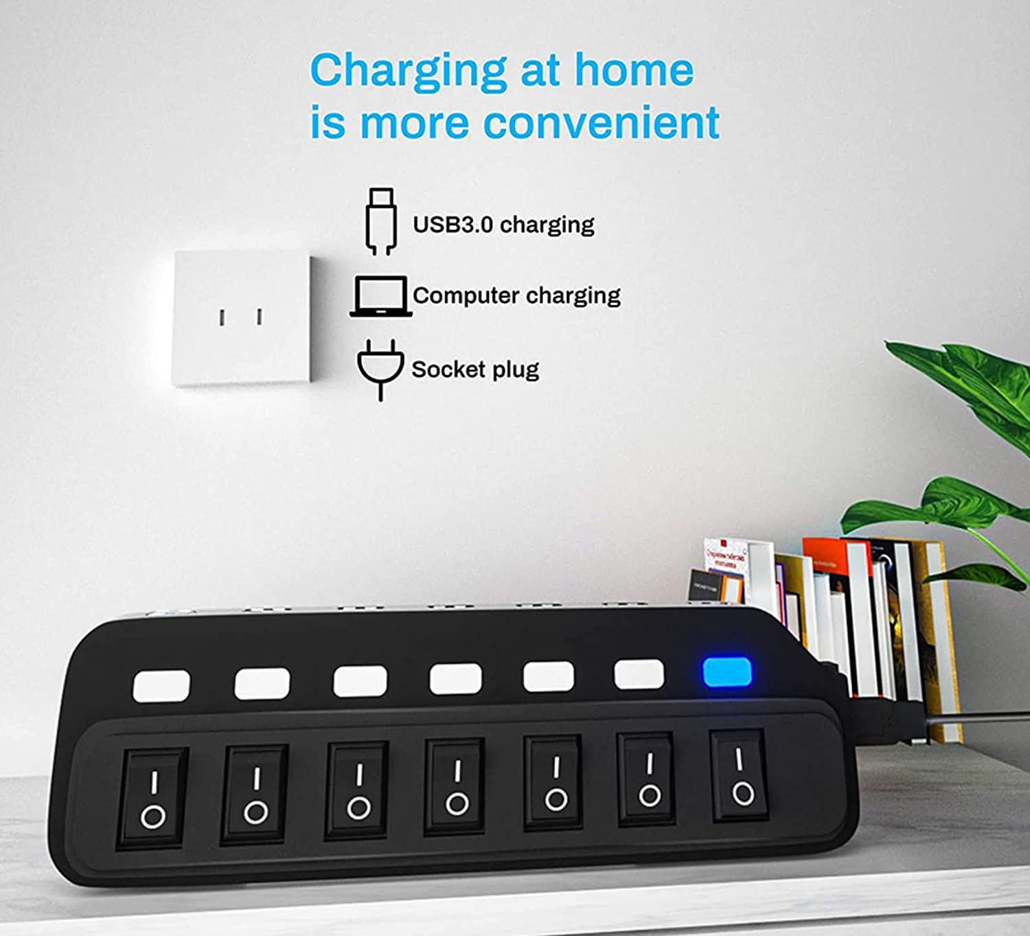 HOMELINKX SQUARE - USB HUB 3.0 Powered Splitter - External 7 Port High Speed Hub Splitter with 5V/2A Power Adapter Powered USB hub and Individual On/Off Switch for PC Laptop Desktop