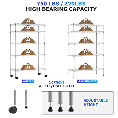Metal Storage Shelves 5 Tier Wire Shelving Unit with Wheels, NSF Wire Shelf Utility Commercial Grade Heavy Duty Height Layer Rack for Pantry Closet Kitchen Laundry Organization ,14”Wx30”Dx60”H,Chrome