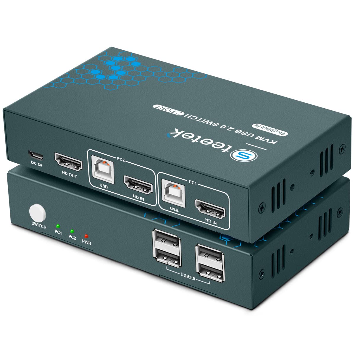 2 Port HDMI 2.0 KVM Switch 4K@60Hz, USB KVM Switch HDMI 2 in 1 Out with 4 USB 2.0 Hub, Compatible with Most Keyboards and Mouse, Button Switch