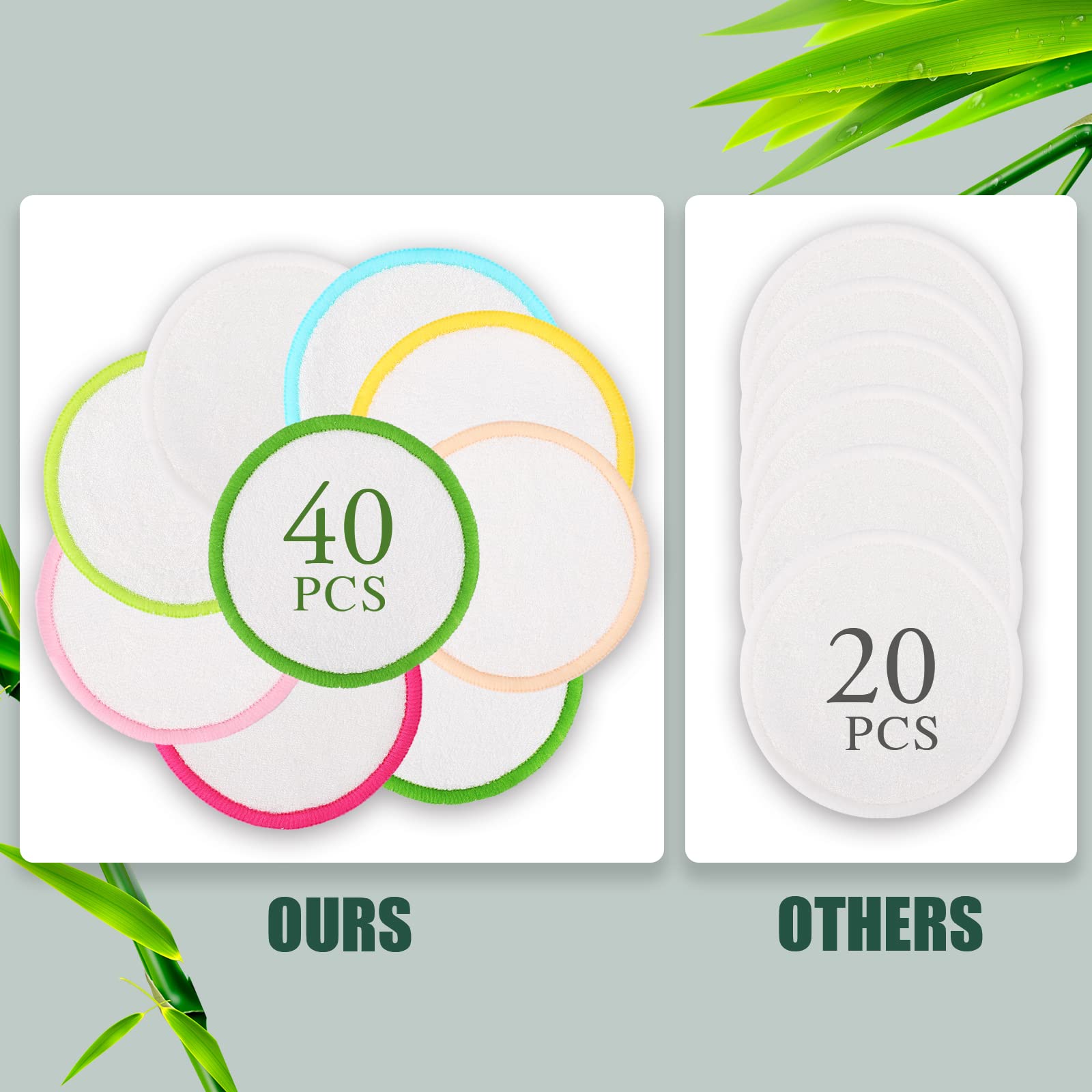 XSEINO Reusable Makeup Remover Pads(40 Pack) with Washable Natural Bamboo Fiber Material,Natural Bamboo Cotton Pad,for All Skin Types