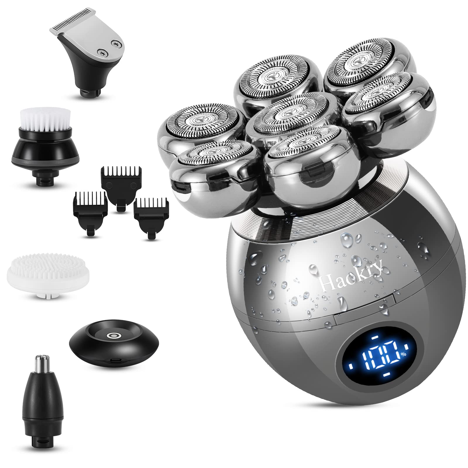 7D Electric Razor for Men,5-in-1 Bald Head Shaver Cordless LED Mens Electric Shavers IPX7 Waterproof Wet Dry Rotary Shaver Head Shavers for Bald Men with Beard Clippers Nose Trimmer