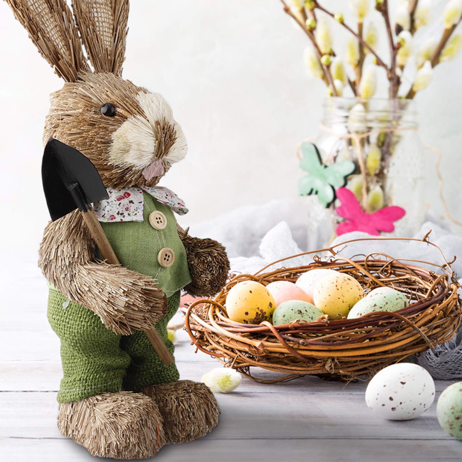 Alapaste Standing Easter Bunny Figures,14.2inch Funny Sisal Easter Bunny Holding Shovel Wearing Green Nest for Party and Home Garden Decor, for Kids