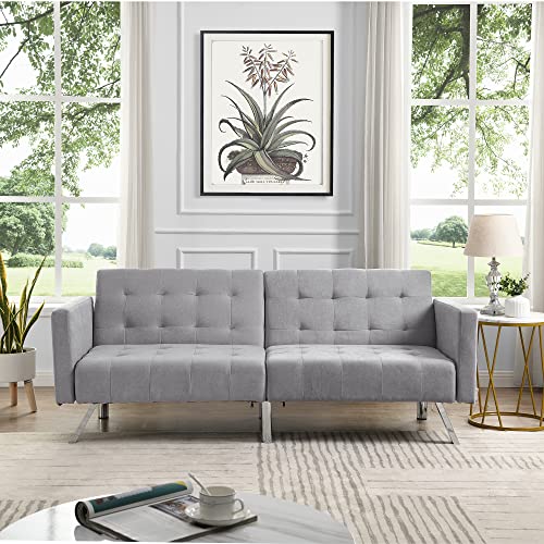 75"Convertible Folding Futon Sofa Bed,Split Back Design,Modern Fabric Sleeper Couch Bed with Armrest and Chrome Legs,Upholstered Recliner Loveseat for Living Room Apartment Dorms Office (Light Grey)