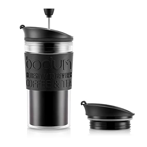 Bodum Insulated 11102-01s Piston Cup with Hinged Lid, 0.35Β Litre, Black, Transparent, Plastic, 8.9Β cm