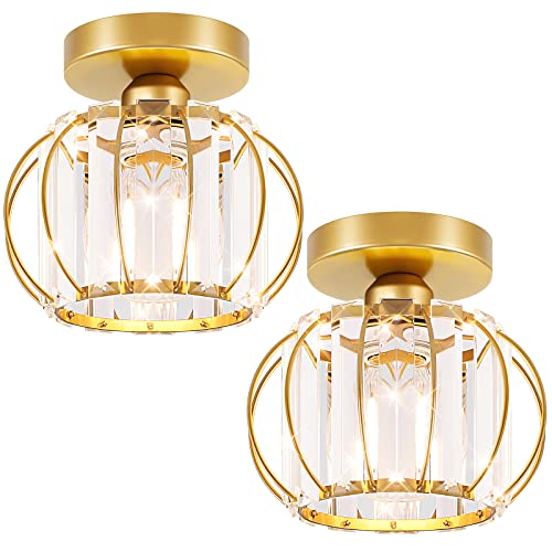 2-Pack Semi Flush Mount Ceiling Light Fixtures Small Crystal Farmhouse Black Metal Cage Indoor Industrial Ceiling Lights for Living Room Hallway Bathroom Entryway Kitchen