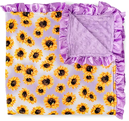 Top Tots Baby Blanket - Small Sunflowers with Purple Minky Dot & Satin Ruffle, 31 x 31 Inch Yellow