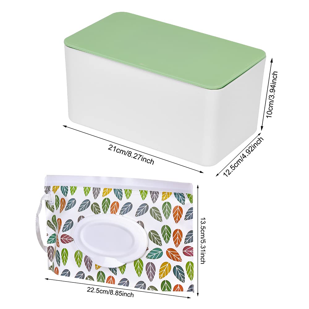 TORASO Large Size, 2 PCS Baby Wipes Dispenser with Lid and 2 PCS Pouch with Lid, Baby Wipe Holder Keeps Wipes Fresh Simple Style Wipe Container Regular Storage Case Box (GN,WH+2,Large)