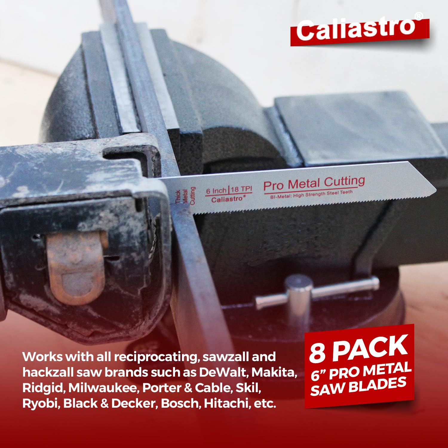 6-Inch Thick Metal Cutting Reciprocating Saw Blades (18 TPI) Made of Long Lasting Bi-Metal (HSS Teeth Bonded to HCS Body) - 8 Pack - Caliastro