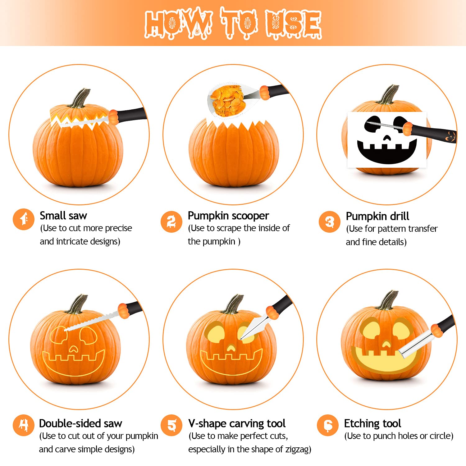 Sakmilu Halloween Pumpkin Carving Kit - 6 Pcs Pumpkin Carving Tools Stainless Steel with Stencils Storeage Bag for Halloween Decoration Jack-O-Lanterns