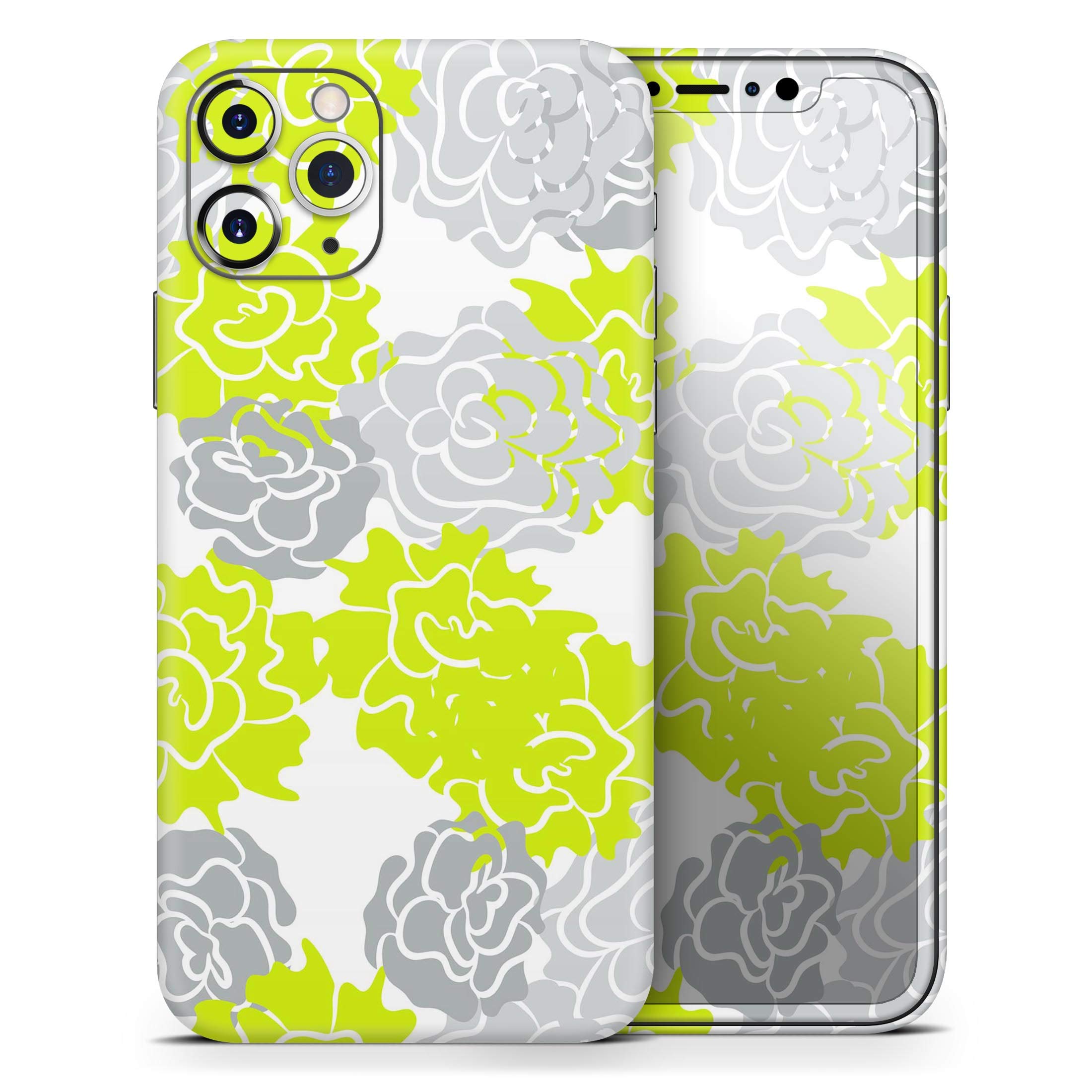 Design Skinz Gray and Lime Green Cartoon Roses - DesignSkinz Protective Vinyl Decal Wrap Skin Cover Compatible with The Apple iPhone 12 Pro (Full-Body, Screen Trim & Back Glass Skin)