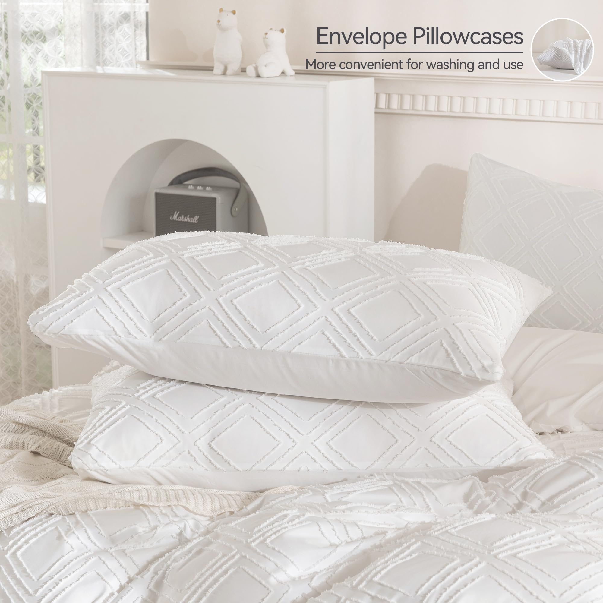 JELLYMONI Bright White Duvet Cover Queen Size - 3PCS Microfiber Tufted Duvet Cover Set, Boho Textured Duvet Cover Jacquard Rhombus Geometric Pattern Duvet Cover with Corner Ties & Zipper Closure