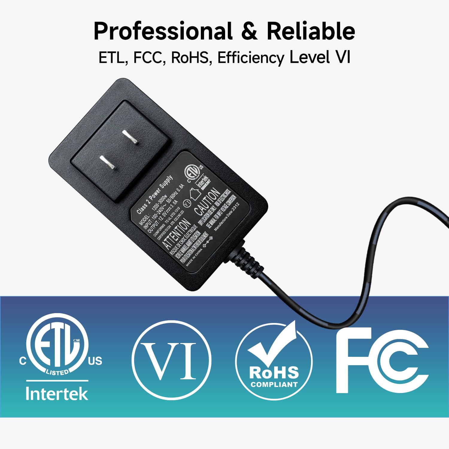 2 Pack 12Vdc 3A/3000mA 6ft Power Supply Adapter, 100-240V 50/60Hz AC to DC 36W Wall Charger with Barrel Connector for LED Strip Light, CCTV Camera, Router, DVR, NVR and More, ETL FCC (6Ft Cord, 20AWG)