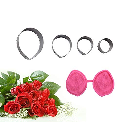 AK ART KITCHENWARE Fondant Leaf of Rose Silicone Veiner Molds Stainless Steel Cutters Set Sugarpaste Tools Cake Decorating Tools (Sawtooth Leaves)