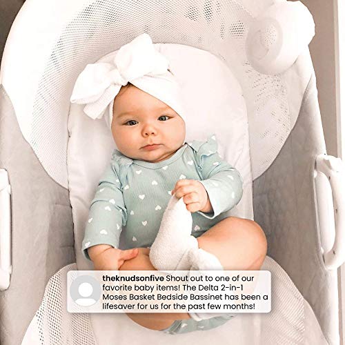 Delta Children 2-in-1 Moses Basket Bedside Bassinet Sleeper - Portable Baby Crib with Wheels & Removable Moses Basket, Grey